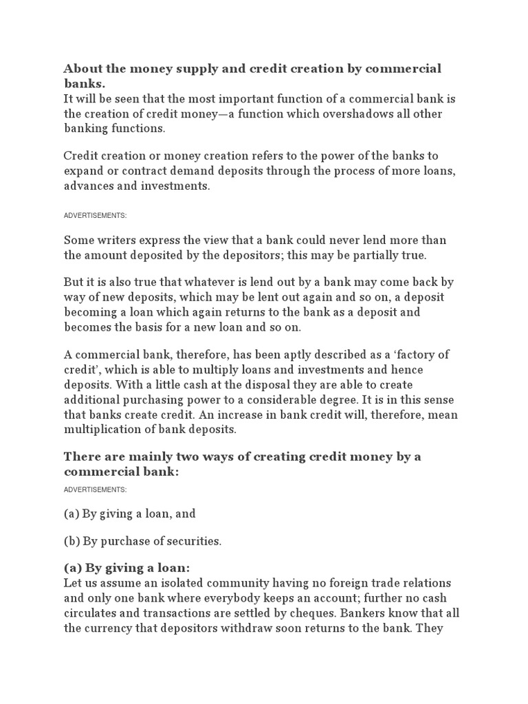 About The Money Supply and Credit Creation by Commercial Banks | PDF ...