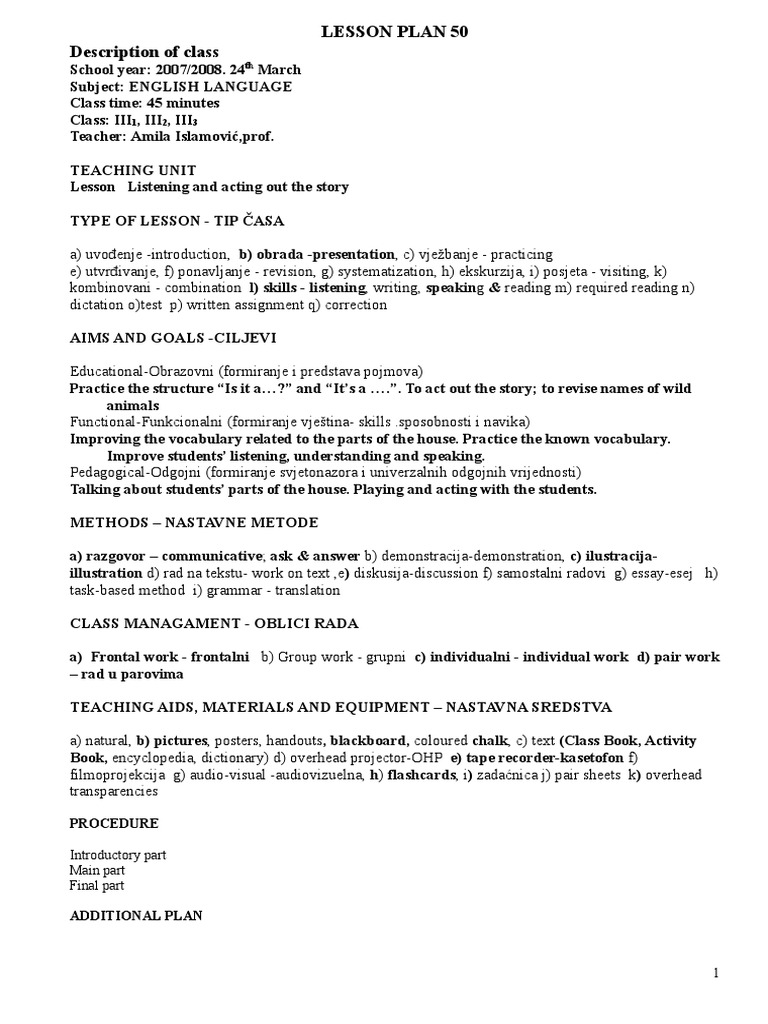 Lesson Plan 50 Description of Class: Procedure | PDF | Lesson Plan ...