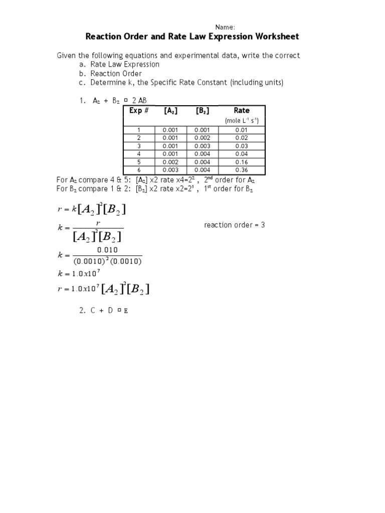 Rate Law and Reaction Order Worksheet | PDF | Change | Chemical Reactions