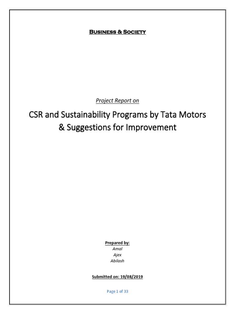 Project Report - CSR - Tata Motors PDF | PDF | Corporate Social ...