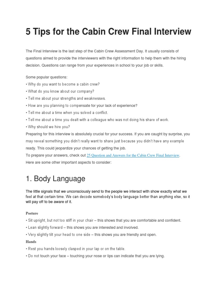 5 Tips For The Cabin Crew Final Interview | PDF | Interview | Body Language