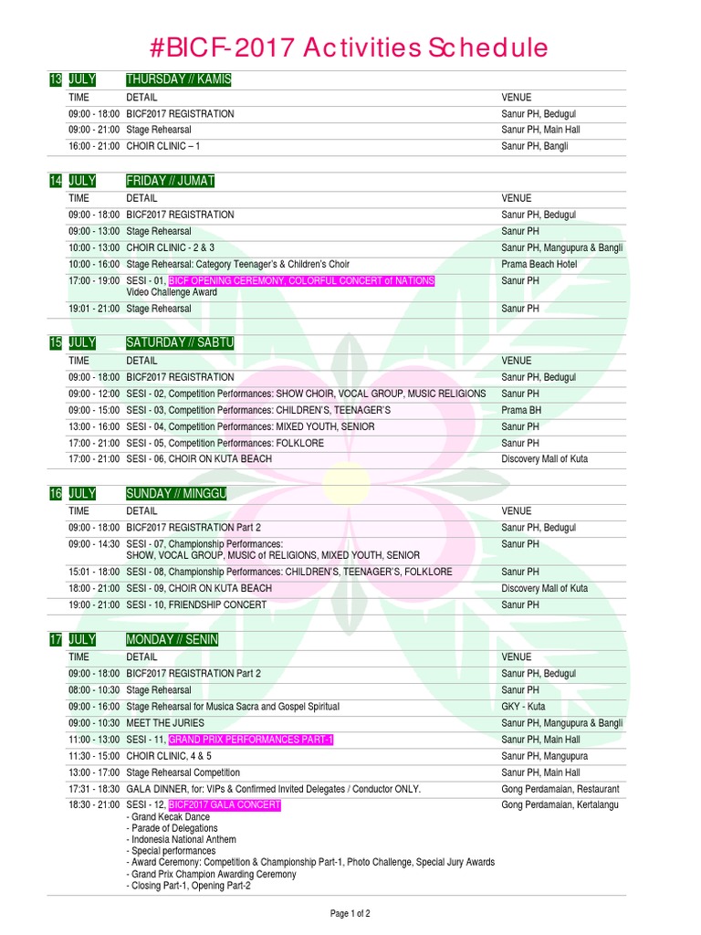 Bicf2017 - Rundown Schedule Per Day - For Participant | Download Free ...