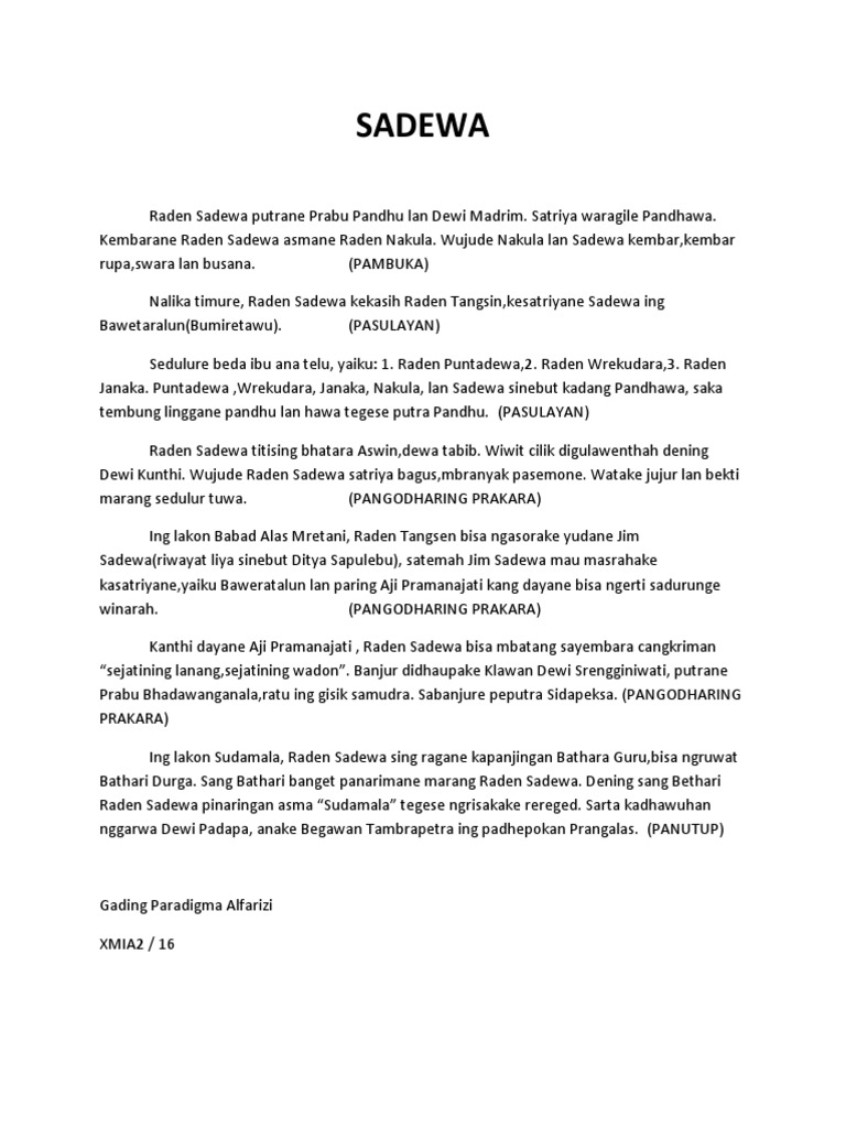 Raden Sadewa Putrane Prabu Pandhu Lan Dewi Madrim | PDF