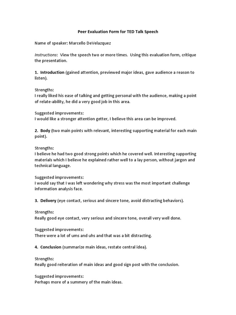 Ted Talk Speech Peer Evaluation | PDF