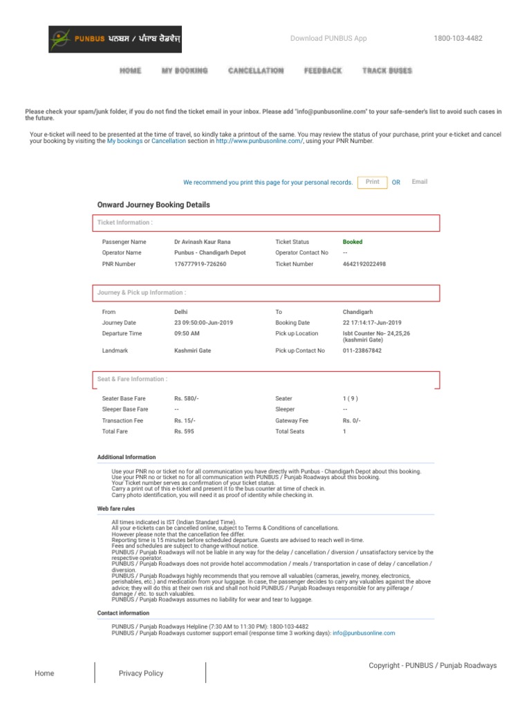 PUNBUS - Punjab Roadways - Bus Ticket Details | PDF | Ticket (Admission ...