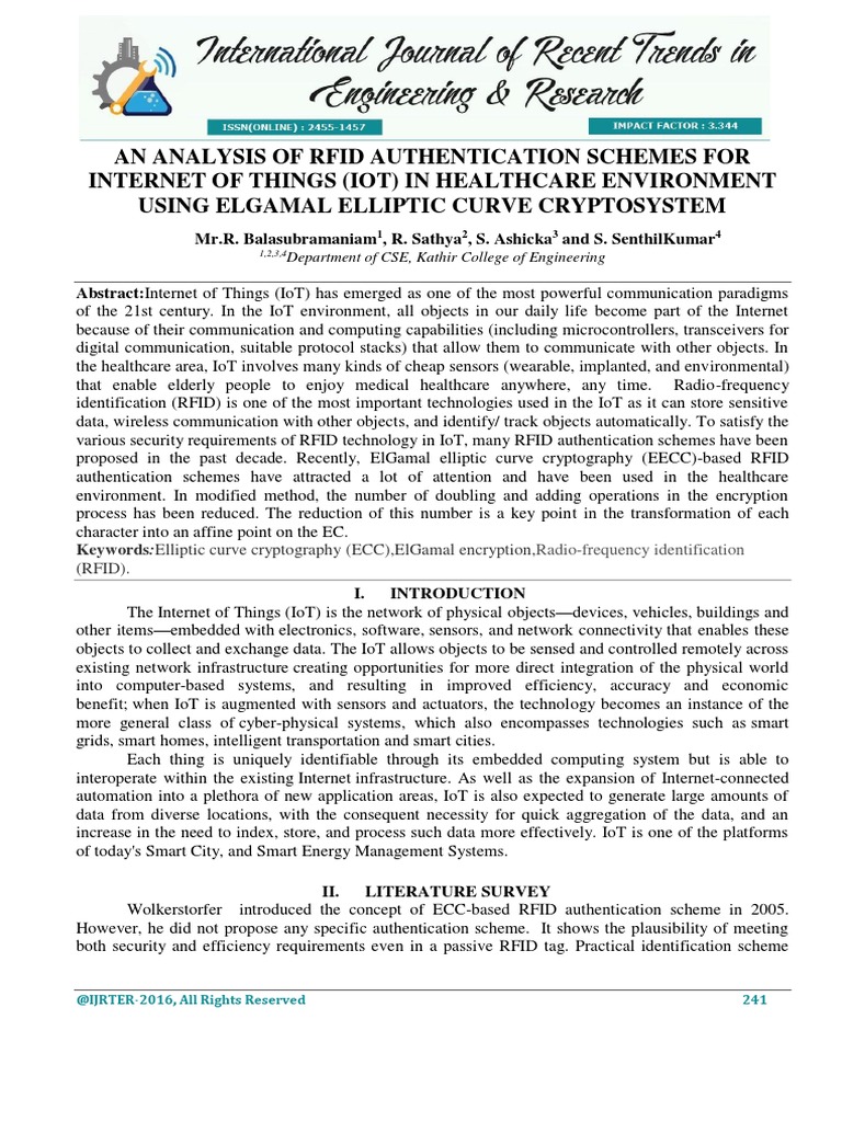 An Analysis Of Rfid Authentication Schemes For Internet Of Things Iot In Healthcare Environment