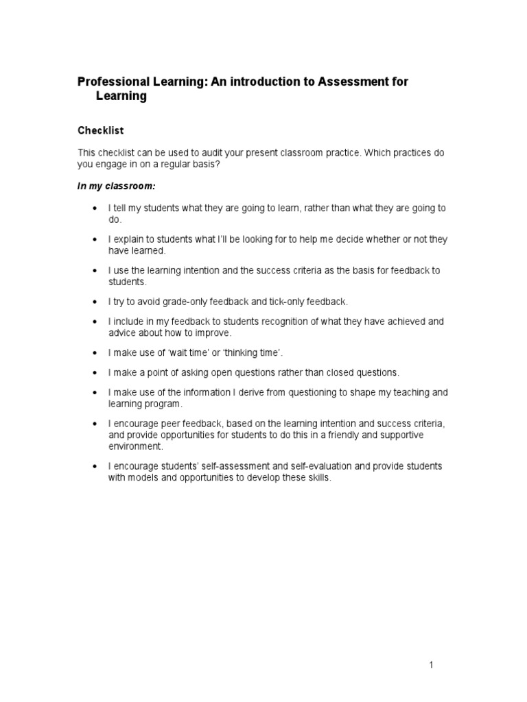 Assessment For Learning Checklist | PDF