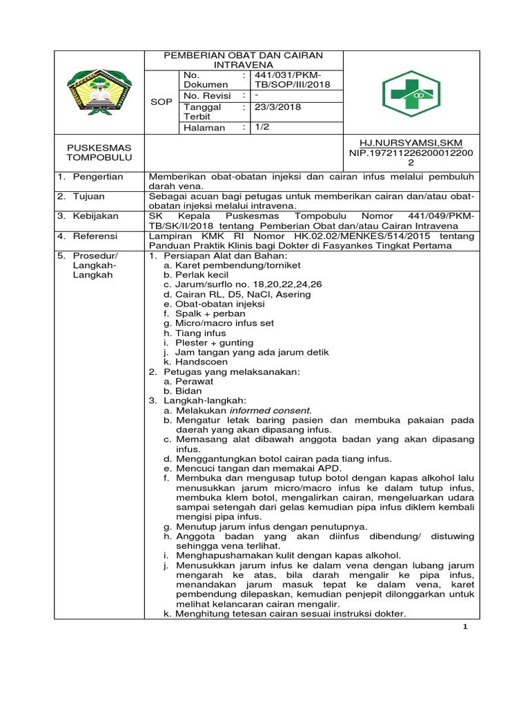 7.6.3.1 Sop Pemberian Obat Dan Cairan Intravena | PDF