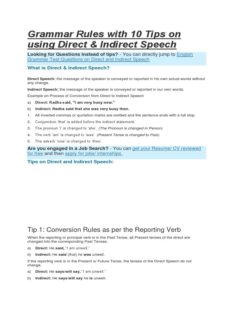 Grammar Rules for Direct & Indirect Speech | PDF | Comma | Grammatical ...