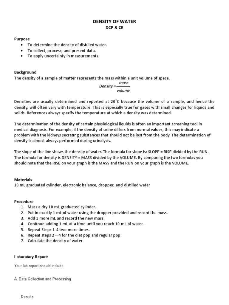 Lab - DCP & CE - Density of Water | PDF | Density | Accuracy And Precision