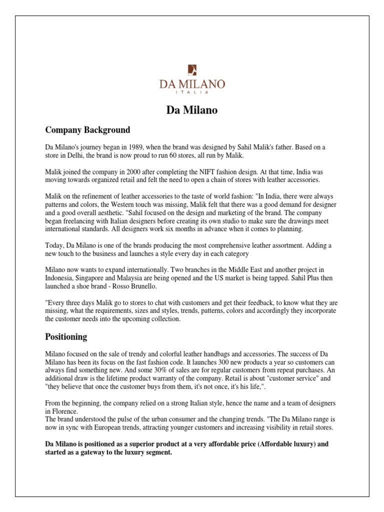 Da Milano Analysis | PDF | Luxury Goods | Retail