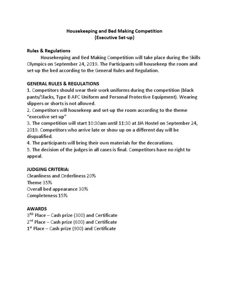 Housekeeping and Bed Making Competition | PDF