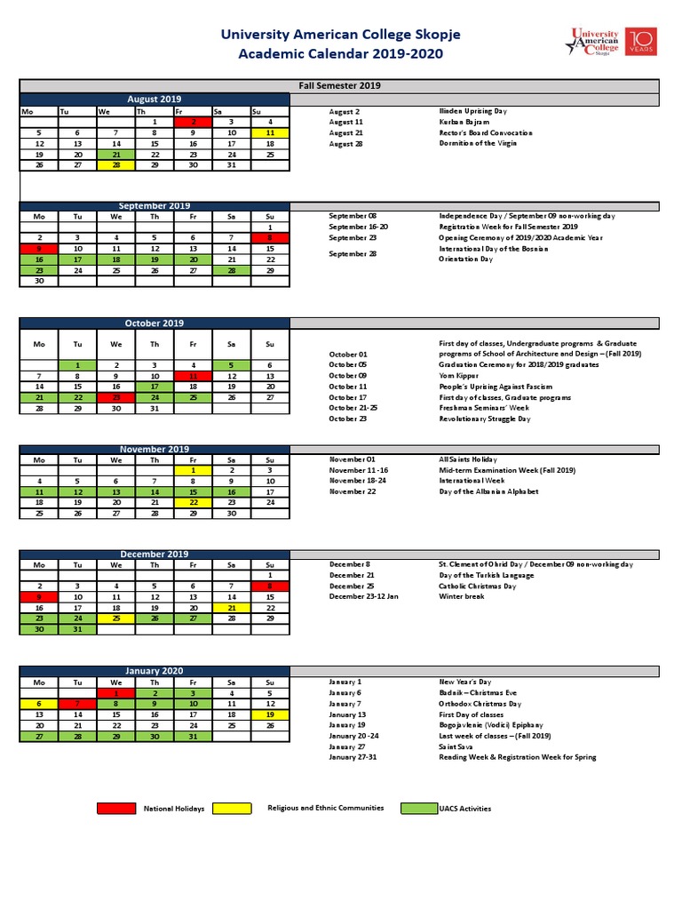 UACS Academic Calendar 2019 2020 | PDF | Academic Term | Holidays