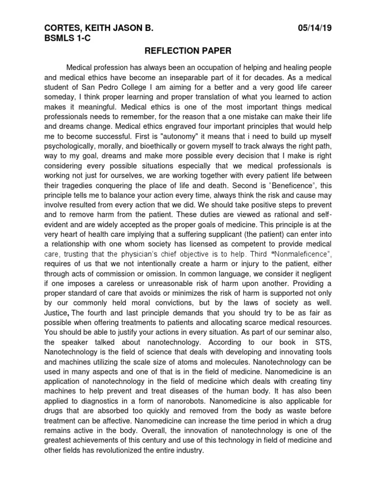 Reflection-Sts MEDICAL ETHICS | PDF | Medical Ethics | Nanomedicine