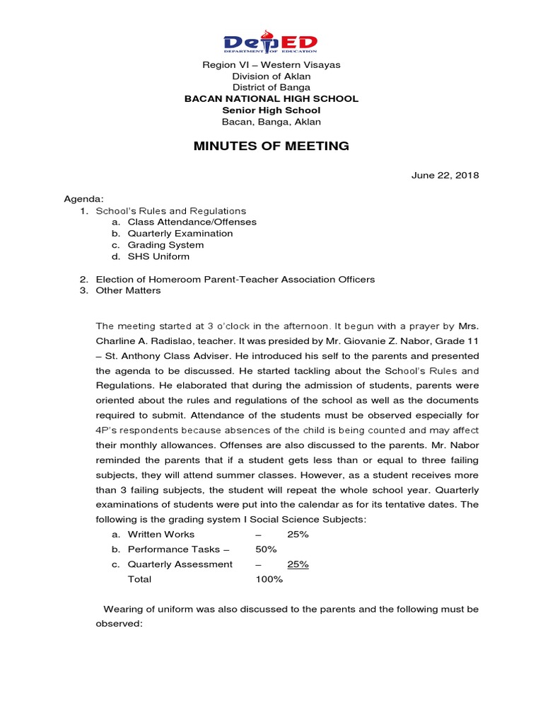 Pta Minutes of Meeting | Download Free PDF | Students | Learning
