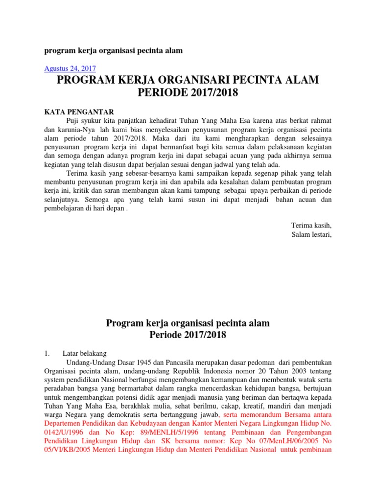(CONTOH) Program Kerja Organisasi Pecinta Alam | PDF