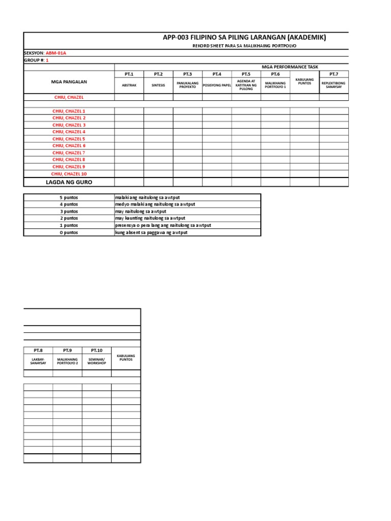 Record Sheet For Performance Task | PDF