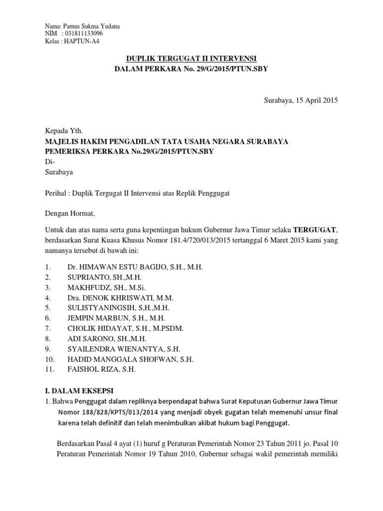 Duplik Tergugat II Intervensi Fix | PDF
