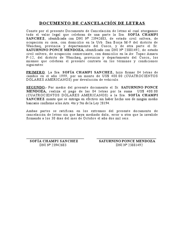 Documento de Cancelación de Letras | PDF
