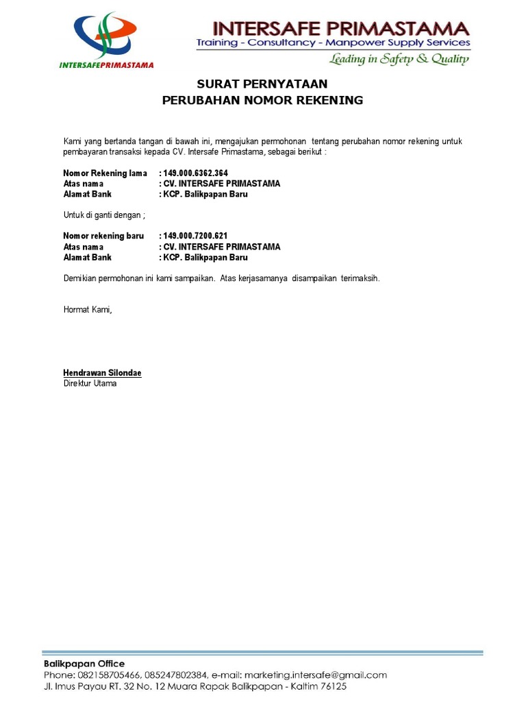 Surat Pernyataan Nomor Rekening | PDF