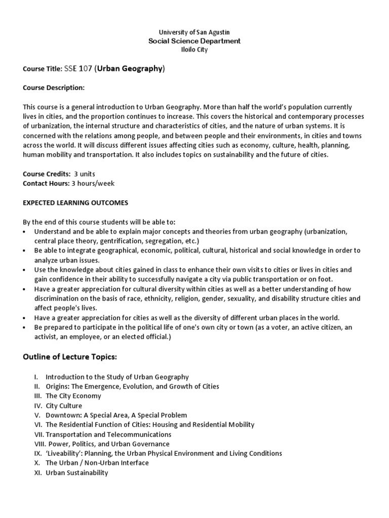 Urban Geography Course Outline | PDF | Geography | Urbanization
