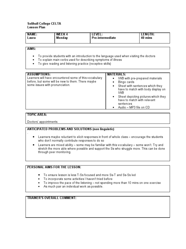 WK 4 Lesson Plan - Going To The Doctors | PDF | Vocabulary | Lesson Plan