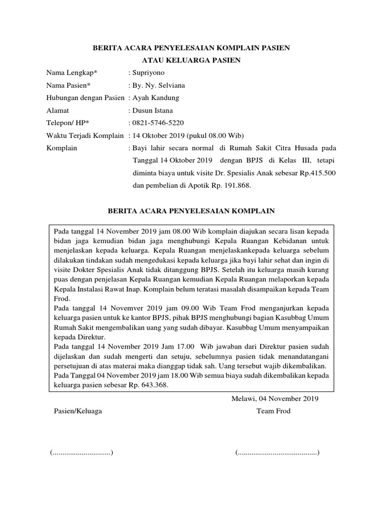 Formulir Berita Acara Penyelesaian Komplain | PDF
