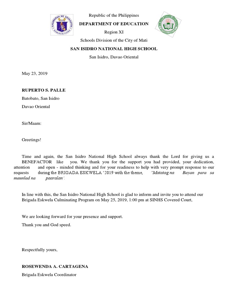Invitation to the Brigada Eskwela Culminating Program at San Isidro ...