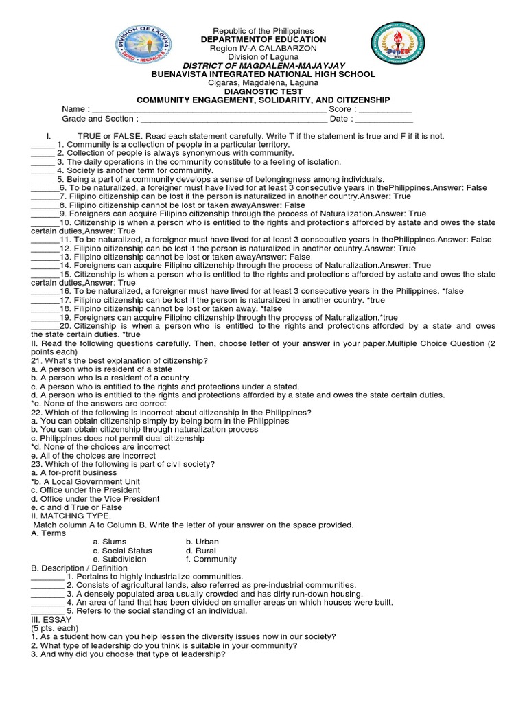 Citizenship Diagnostic Test Philippines | PDF | Naturalization ...
