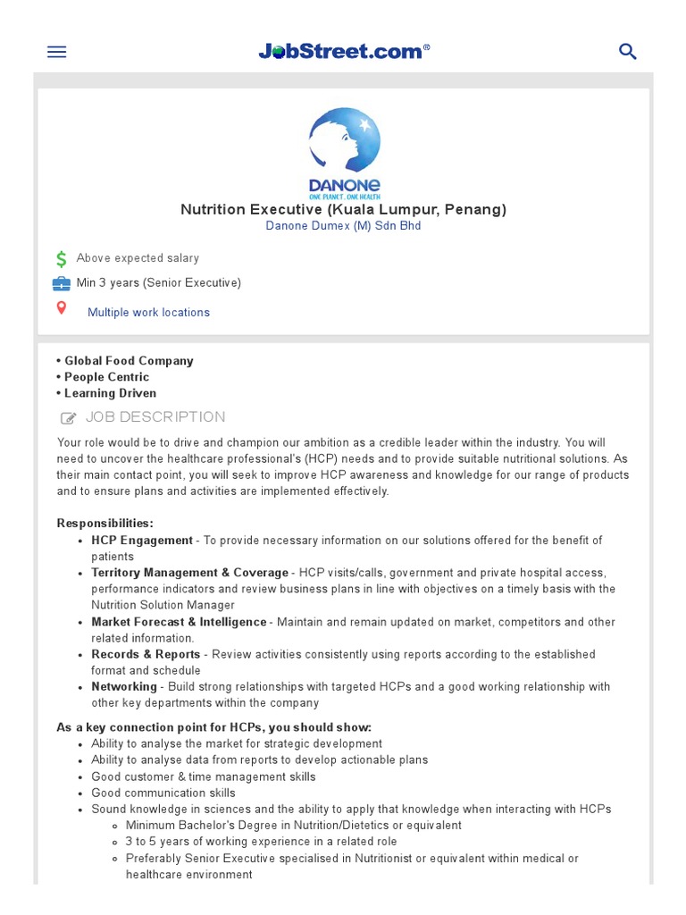 Nutrition Executive (Kuala Lumpur, Penang) Job - Danone Dumex (M) SDN BHD - 3789767 - JobStreet ...