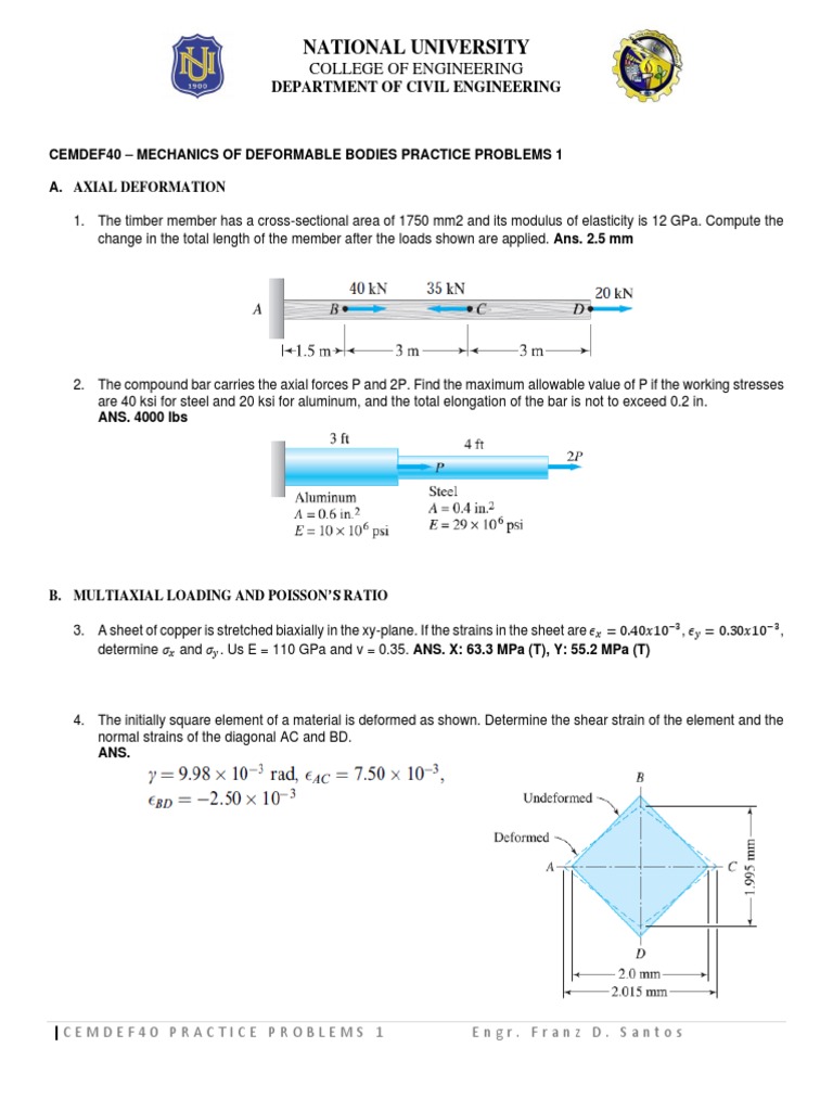 National University civil engineering practice problems on mechanics of ...