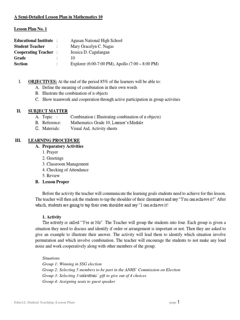 L1 Combination (Illustrating Combination of N Objects) | PDF | Lesson ...