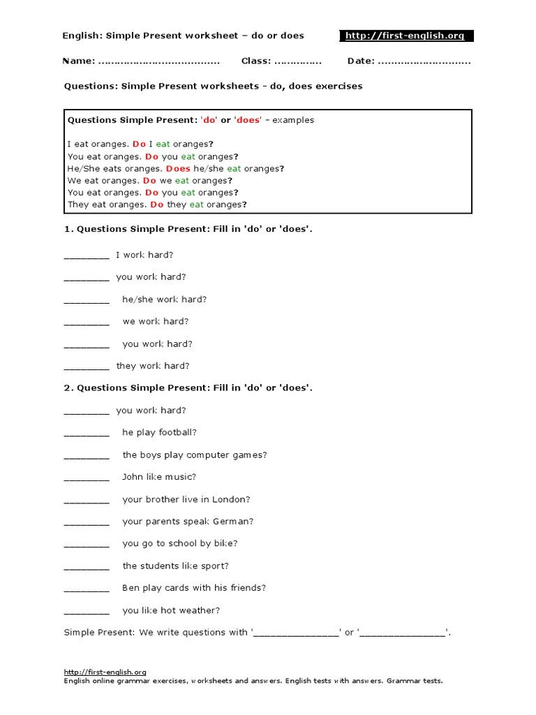 Simple Present 40 Questions Do Does Worksheet PDF | PDF