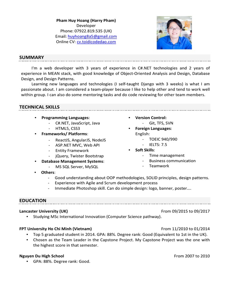 (Developer) (Pham Huy Hoang) CV PDF | PDF | Mobile App | Object Oriented Programming