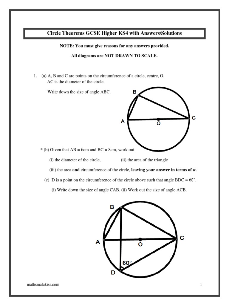 Circle Theorems GCSE Higher KS4 Worksheet with Answers | PDF | Circle ...