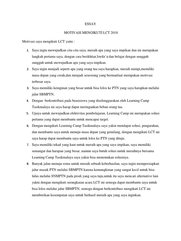 Essay Motivasi LCT | PDF | Pengembangan Diri | Gaya Hidup