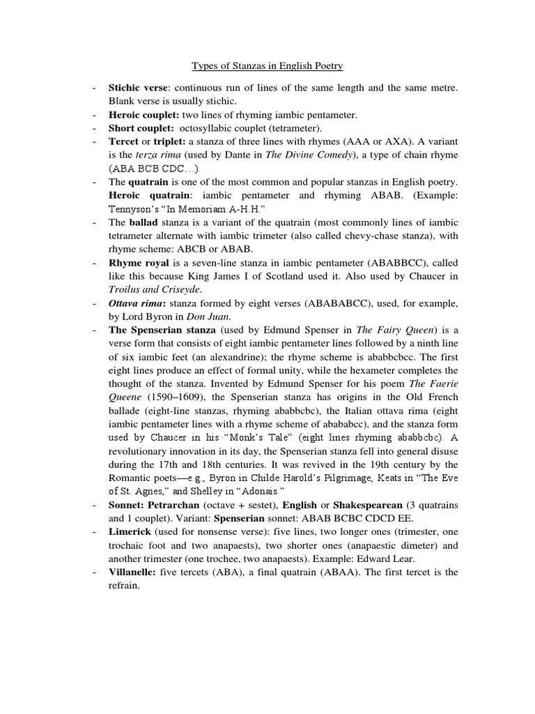 Types of Stanzas in English Poetry | PDF | Literary Theory | Poetry