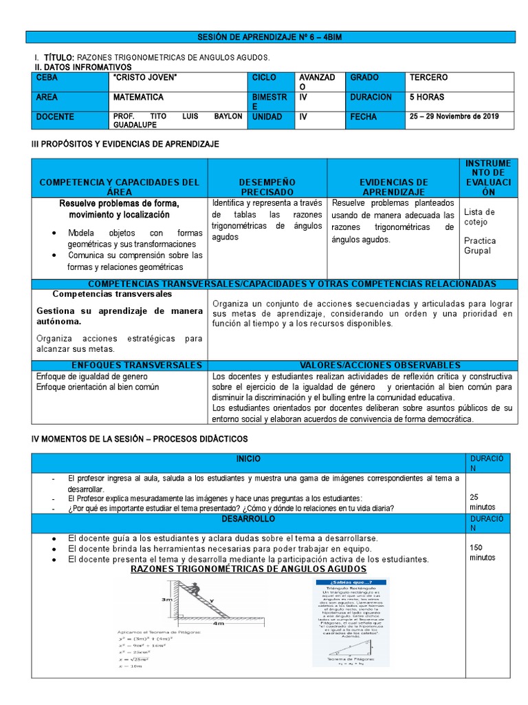 Sesion N6-4bim Mat 3ro Grado Razones Trigonometricas de Angulos Agudos | PDF | Trigonometría ...