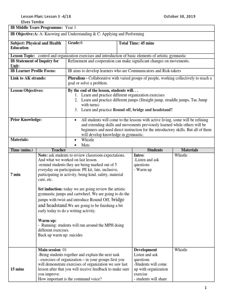 Myp Lesson Plan-Gymnastic 03-04 | PDF | Neuropsychological Assessment ...