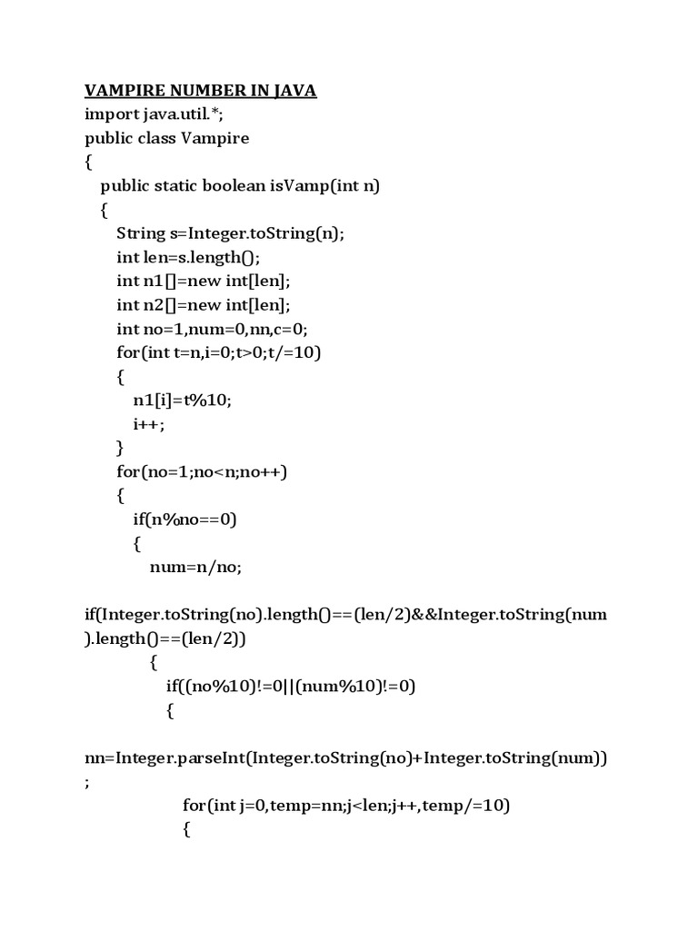 Vampire Number in Java | PDF | Software Engineering | Computer Programming