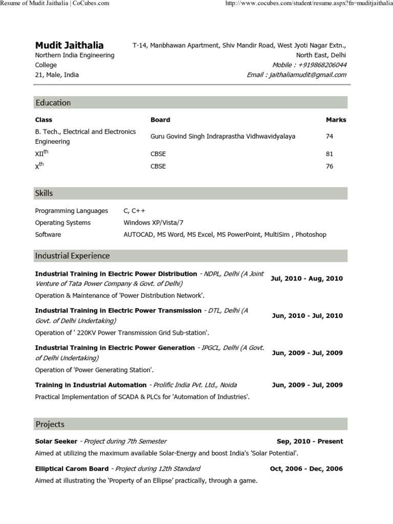 Resume of Mudit Jaithalia | PDF | Delhi | Electrical Engineering