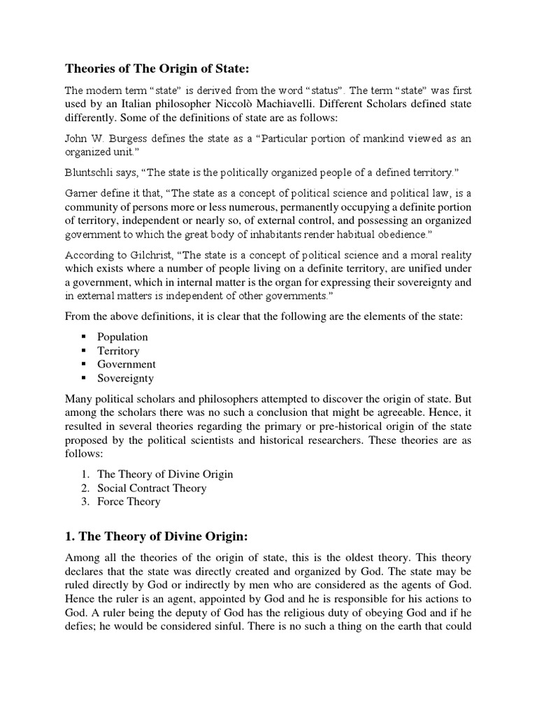Theories of The Origin of State | PDF | Social Contract | State (Polity)