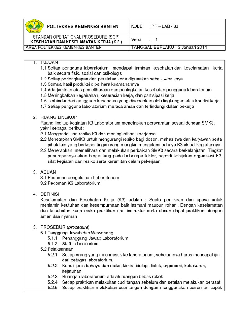 SOP K3 Laboratorium Poltekkes Banten | PDF