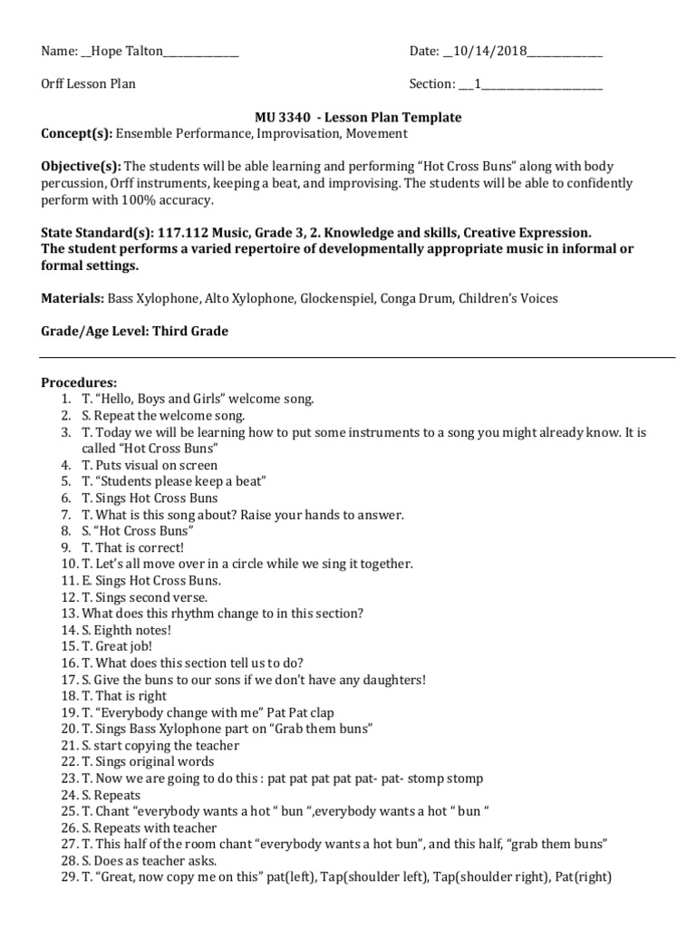 Orff Lesson Plan Hot Cross Buns Talton | PDF | Performing Arts ...