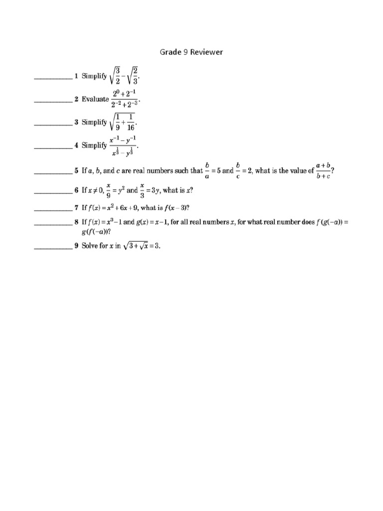Grade 9 Reviewer Math | PDF