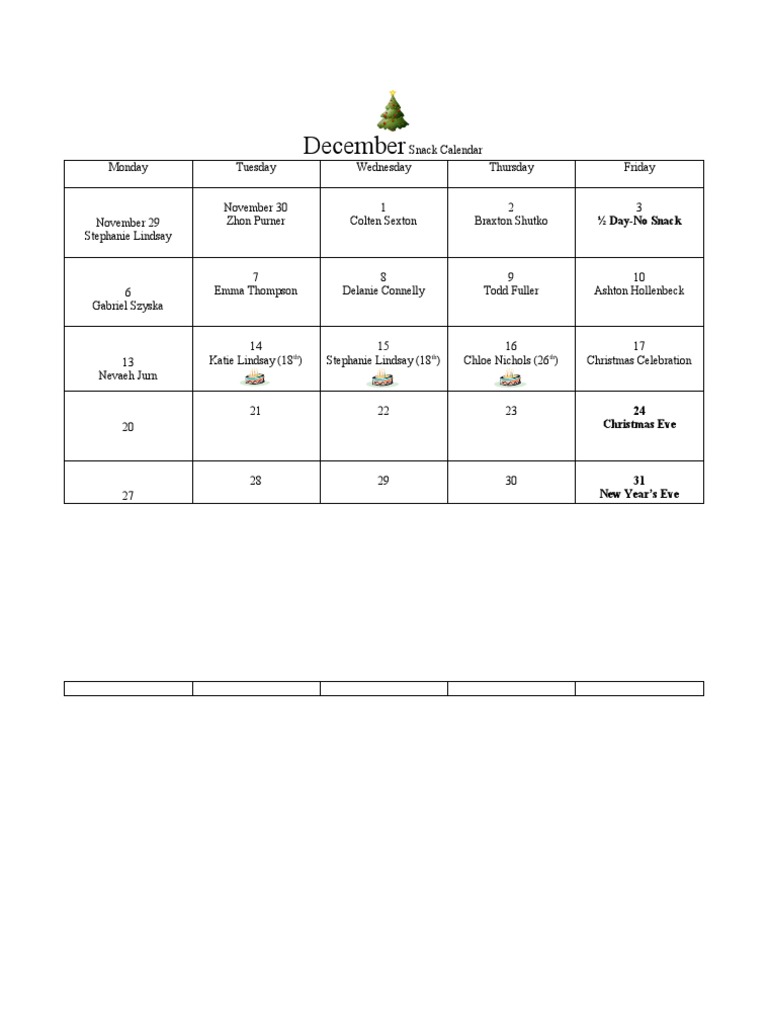 December Snack Calendar | PDF