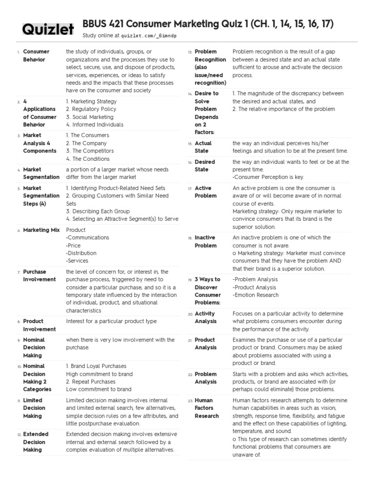 Quiz 1, CH 1, 14-7 Consumer Behavior | PDF | Choice | Brand