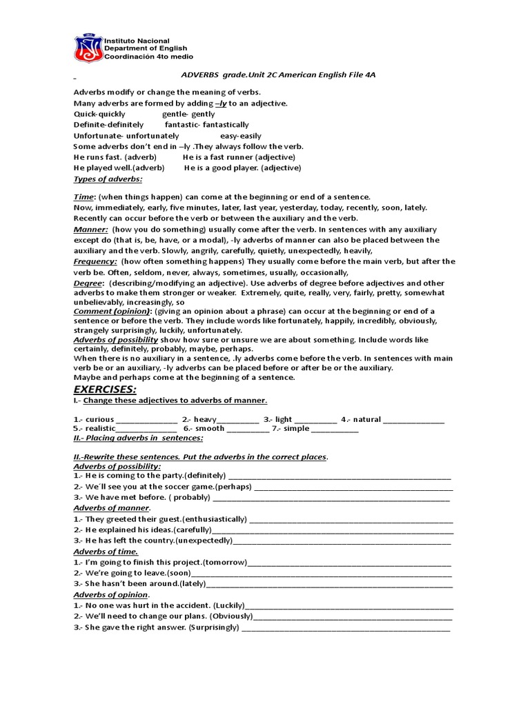 4 Ingles English Reinforcement Worksheet Unit 2C | PDF | Adverb | Verb