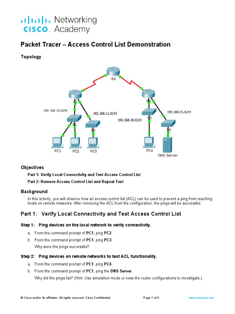 5.2.2.4 Packet Tracer - ACL Demonstration | PDF | Internet Protocols | Router (Computing)