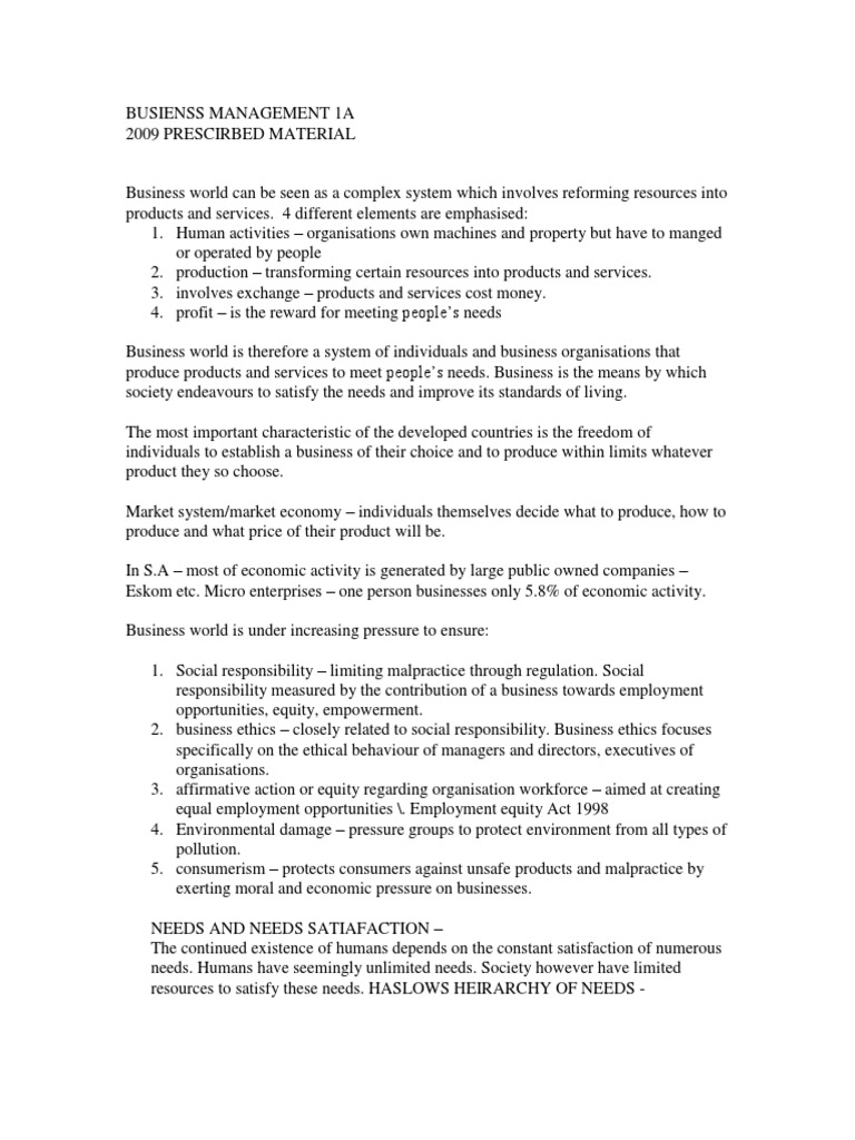 Business Management 1A Overview | PDF | Entrepreneurship | Economics